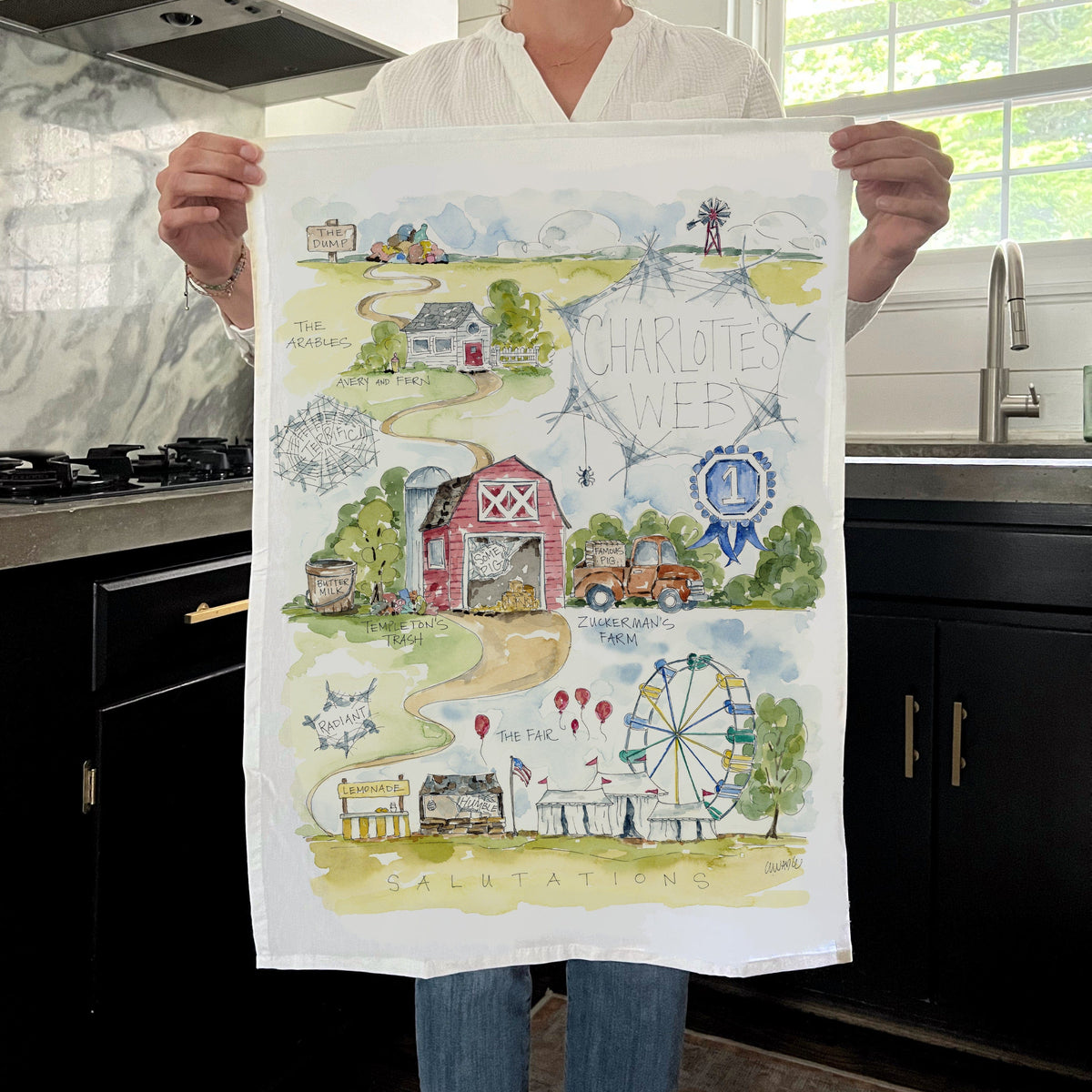 “Charlotte’s Web Story Map" Tea Towel